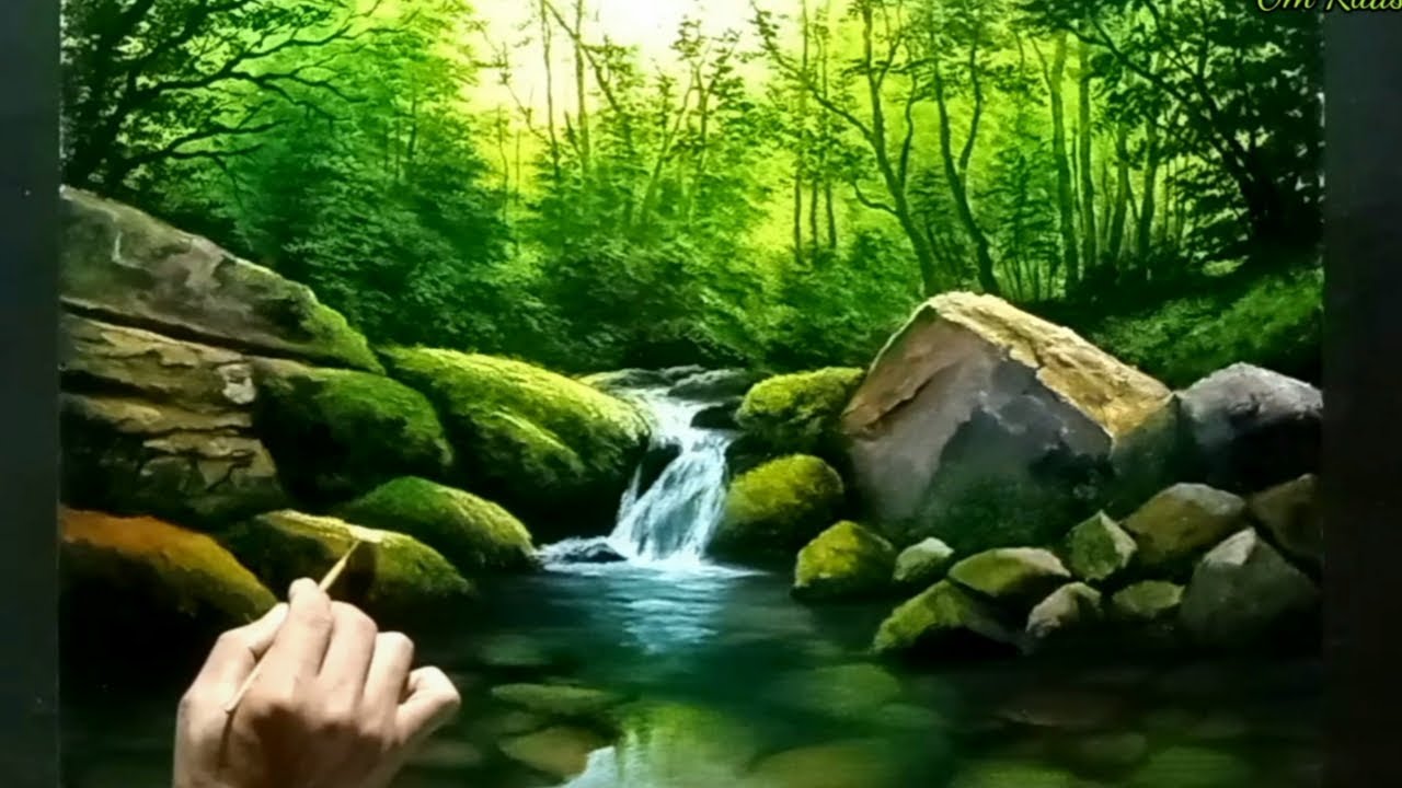 waterfall in the forest painting melukis air terjun di hutan acrylic ...