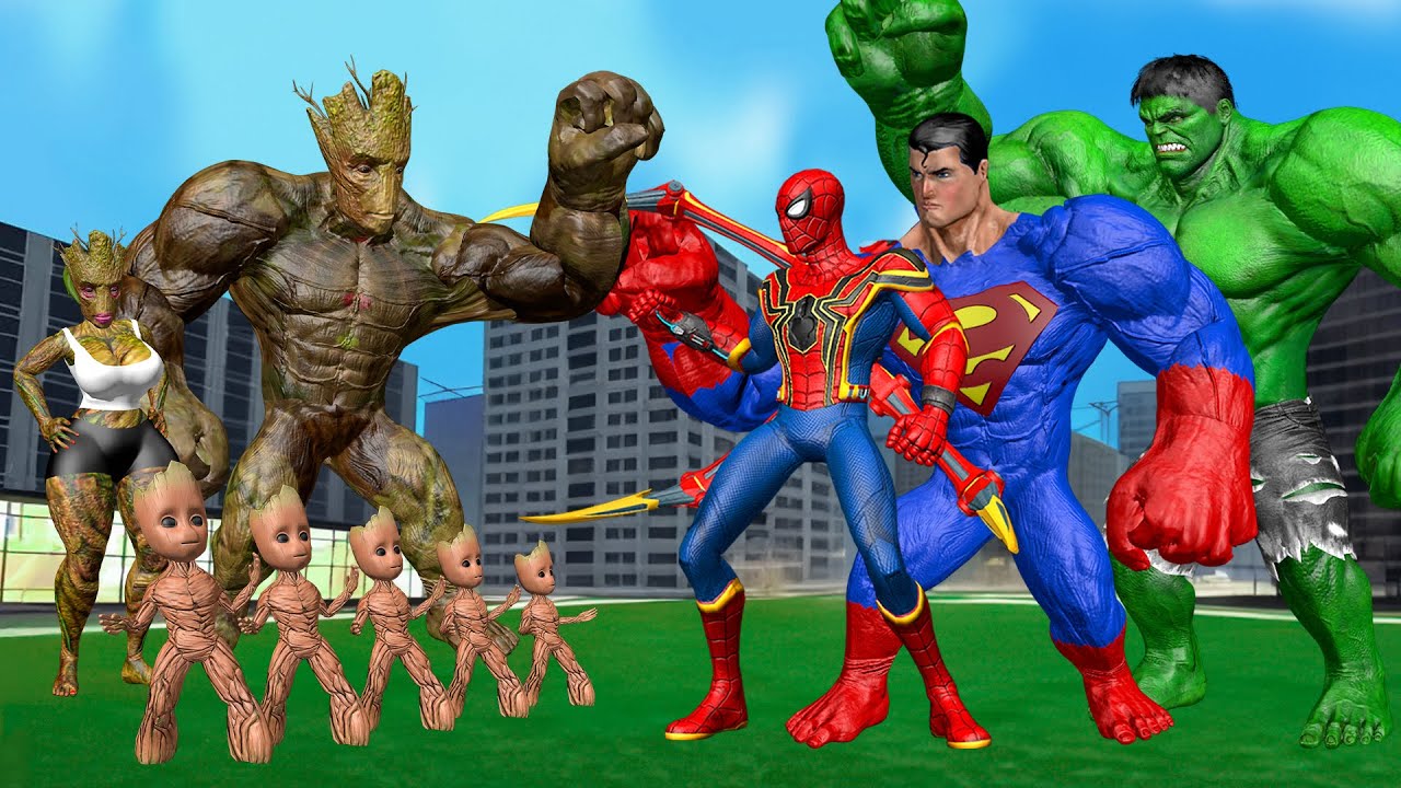 FAMILY GROOT VS HULK, SPIDERMAN, SUPERMAN | LIVE ACTION STORY - YouTube