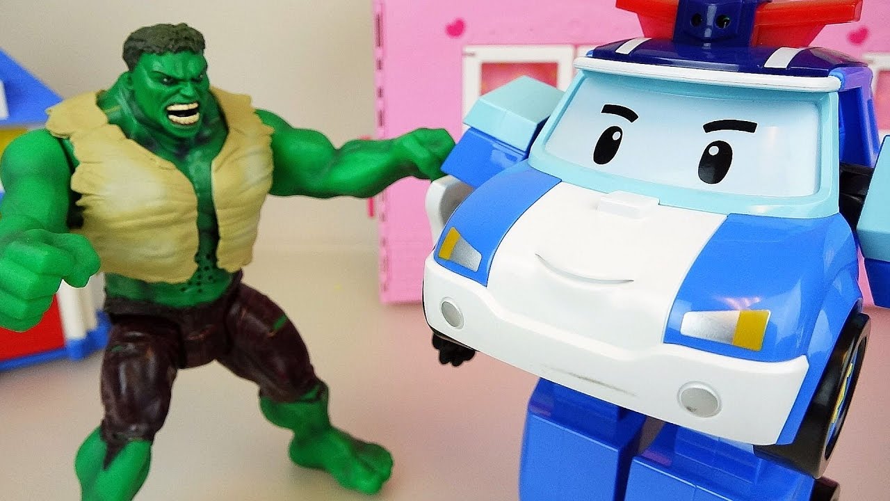 Robocar Poli and Hulk super heroes, car toys play - YouTube