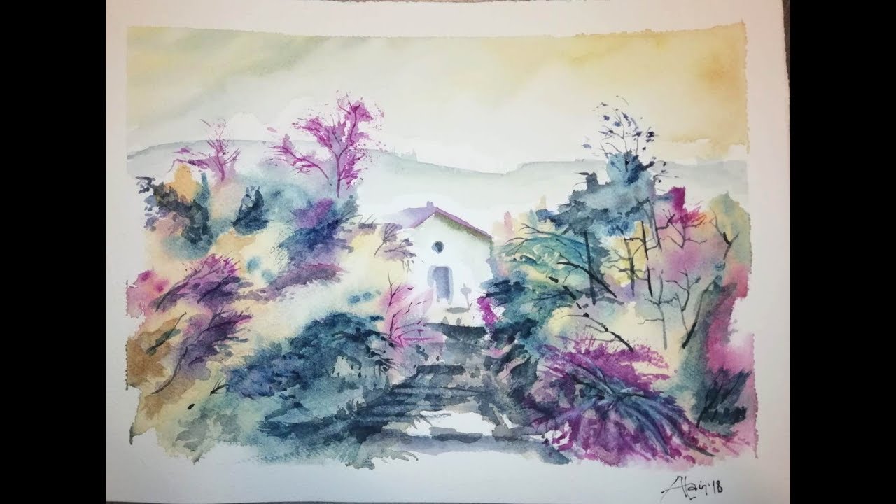 Simple spontaneous watercolor landscape with only 3 shades of color ...