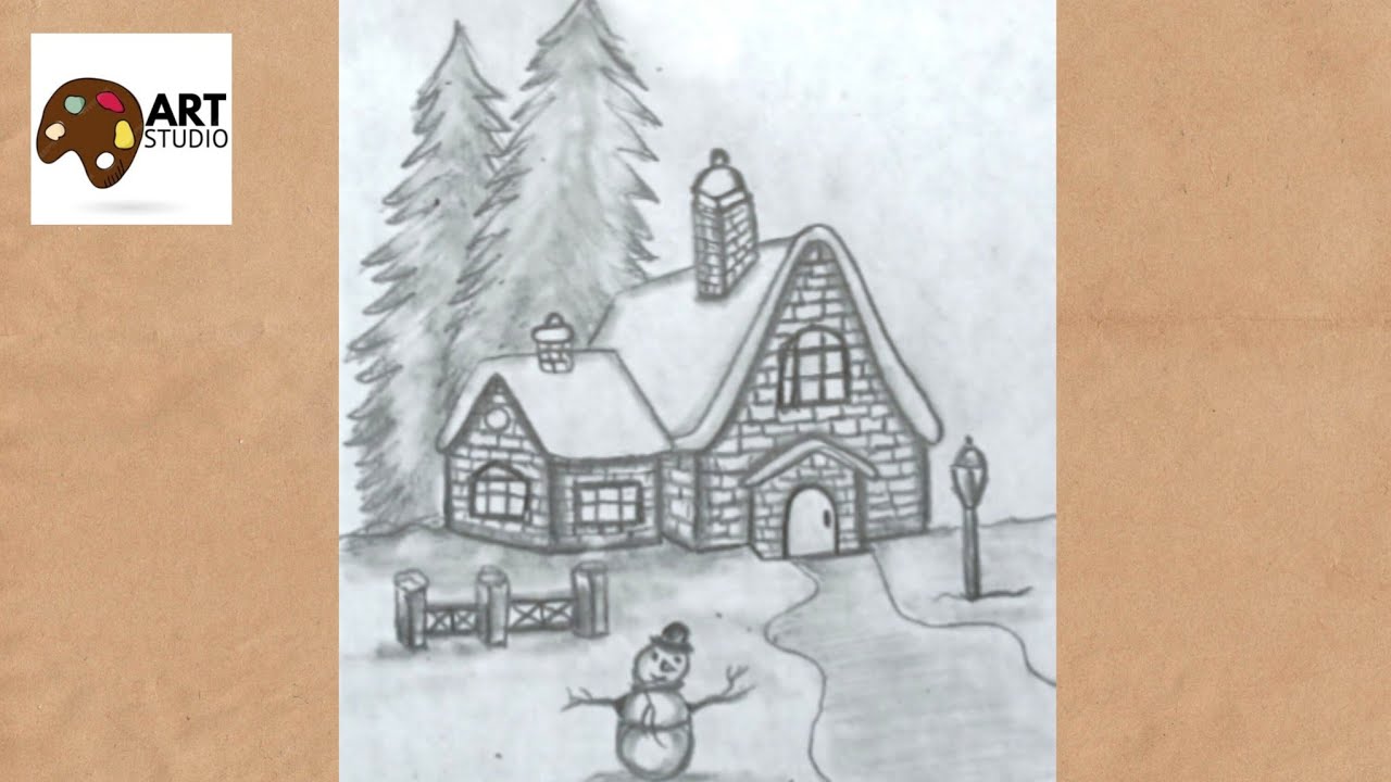 Snowman drawing Easy || House drawing || Hut drawing || Winter drawing ...