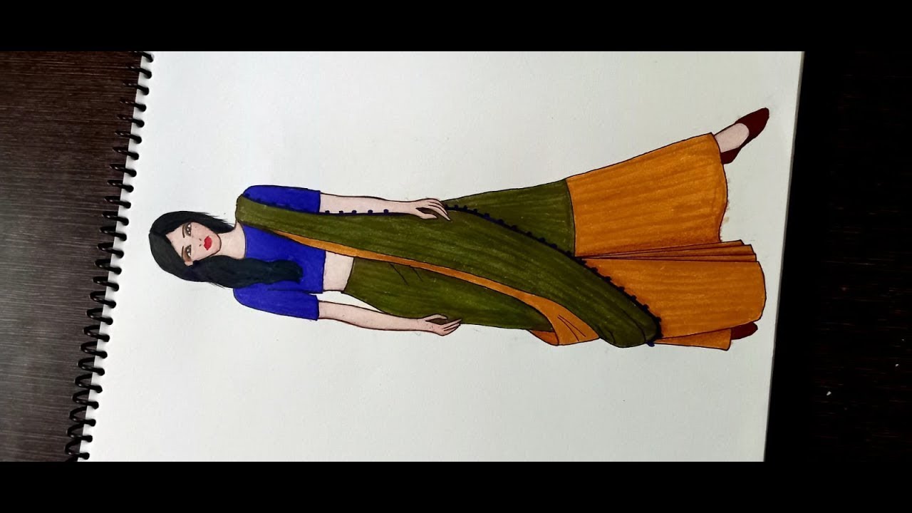 How to draw cotton saree look illustration | fabric rendering effect ...