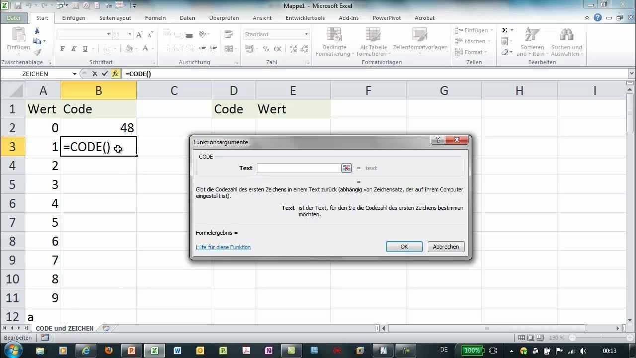 Excel - CODE und ZEICHEN - Rückgriff auf ANSI-Codes - YouTube