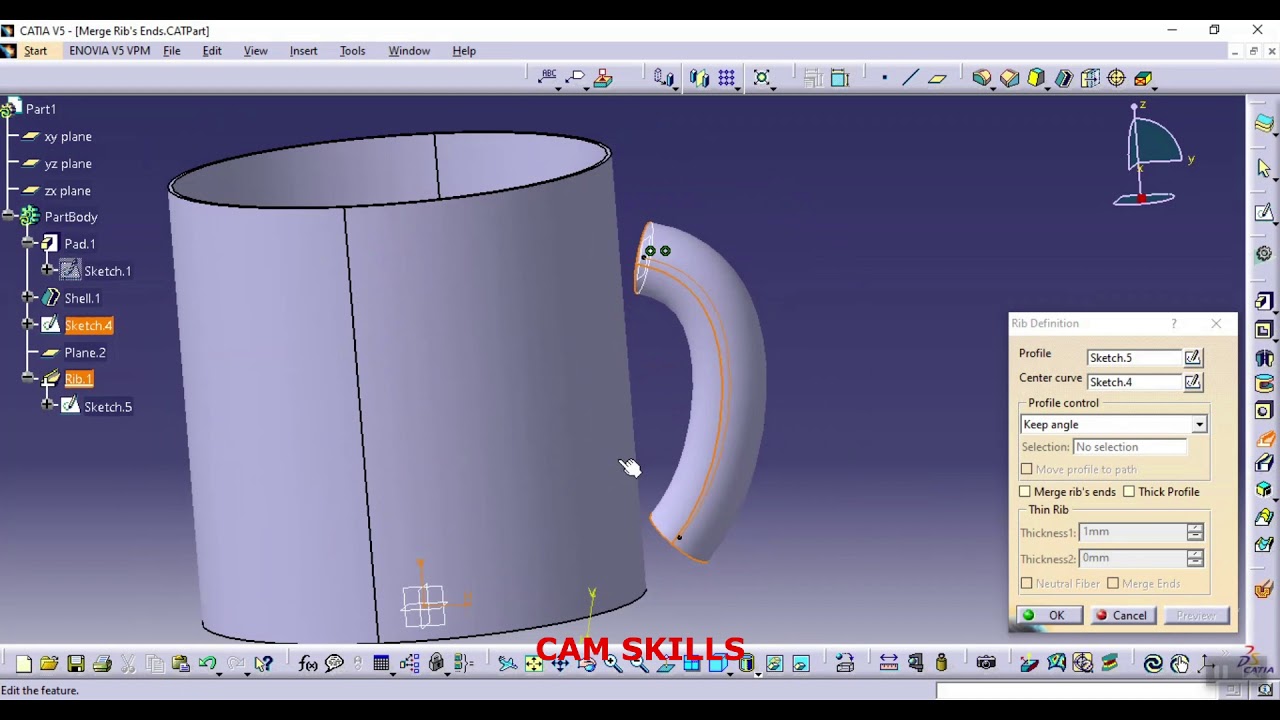 Rib command in CATIA using merge ends option - YouTube