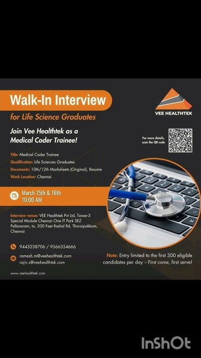 direct walk in interview for fresher's in vee tech#medical coding - YouTube