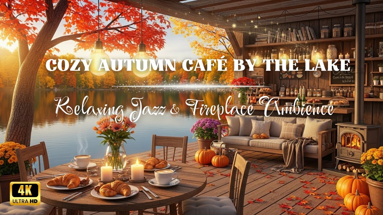 COZY AUTUMN CAFE BY THE LAKE | RELAXING JAZZ & FIREPLACE AMBIENCE - YouTube