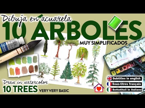 Dibuja arboles en acuarela de forma simple, aprende paso a paso. Sketch 10 basic trees in watercolor