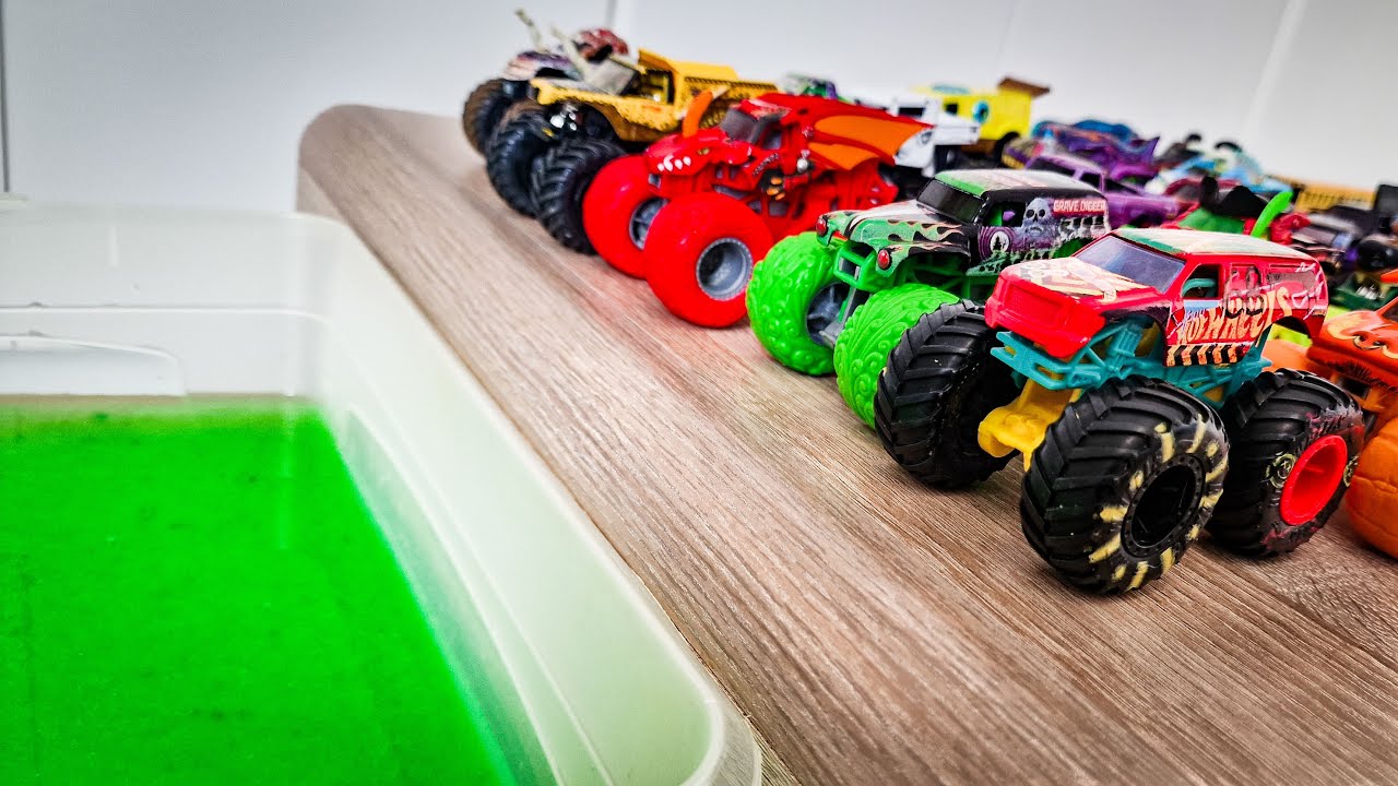 Messy Slime Time! Monster Trucks Fall In Slime For Kids | Grave Digger ...