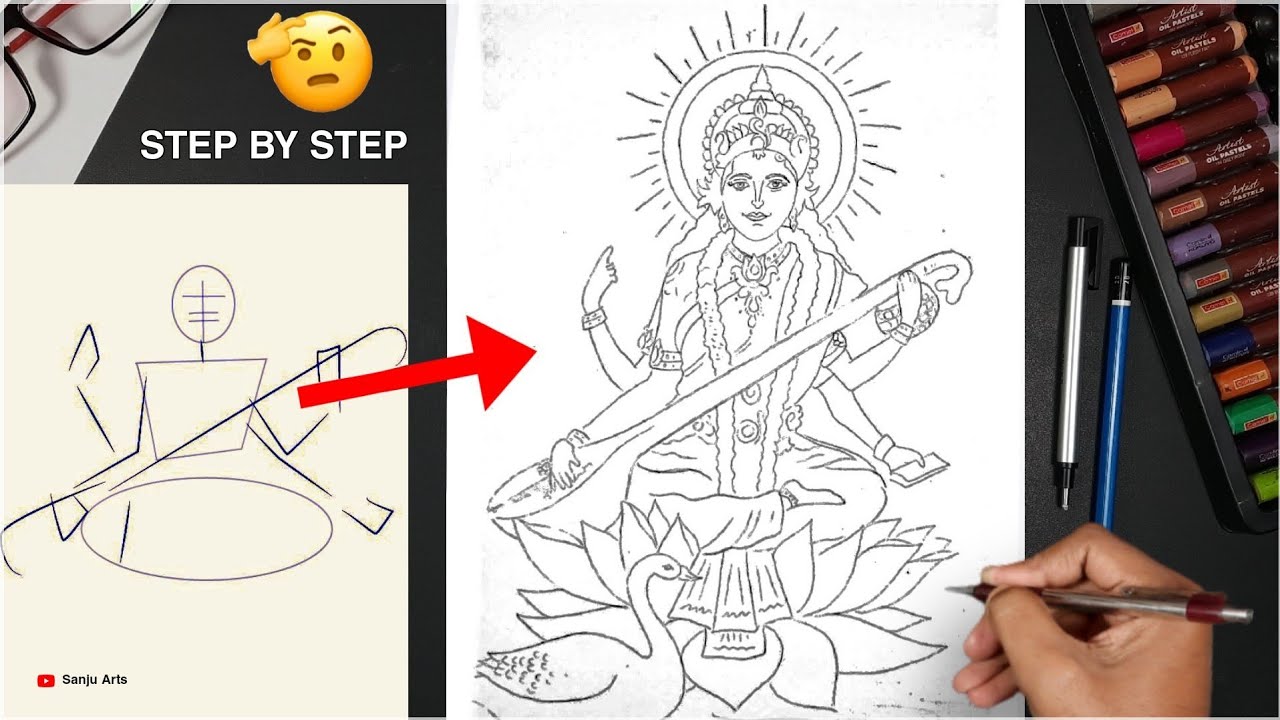How To Draw Saraswati Step By Step Hindu Goddess Saraswati Stock