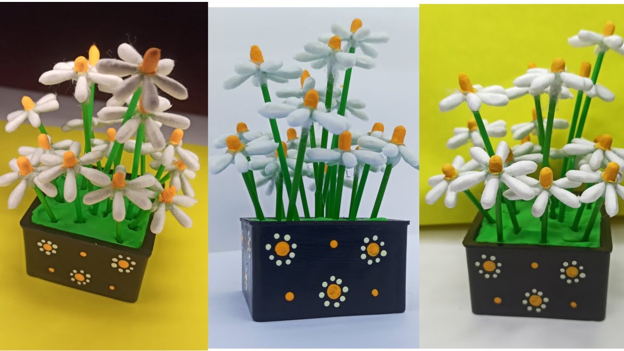 Cotton Earbuds Craft | Flower Making With Earbuds | Beautiful Flower ...