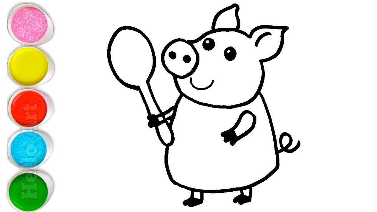 Cute Pippa Pig With Spoon Drawing, Painting and Coloring For Kids and ...