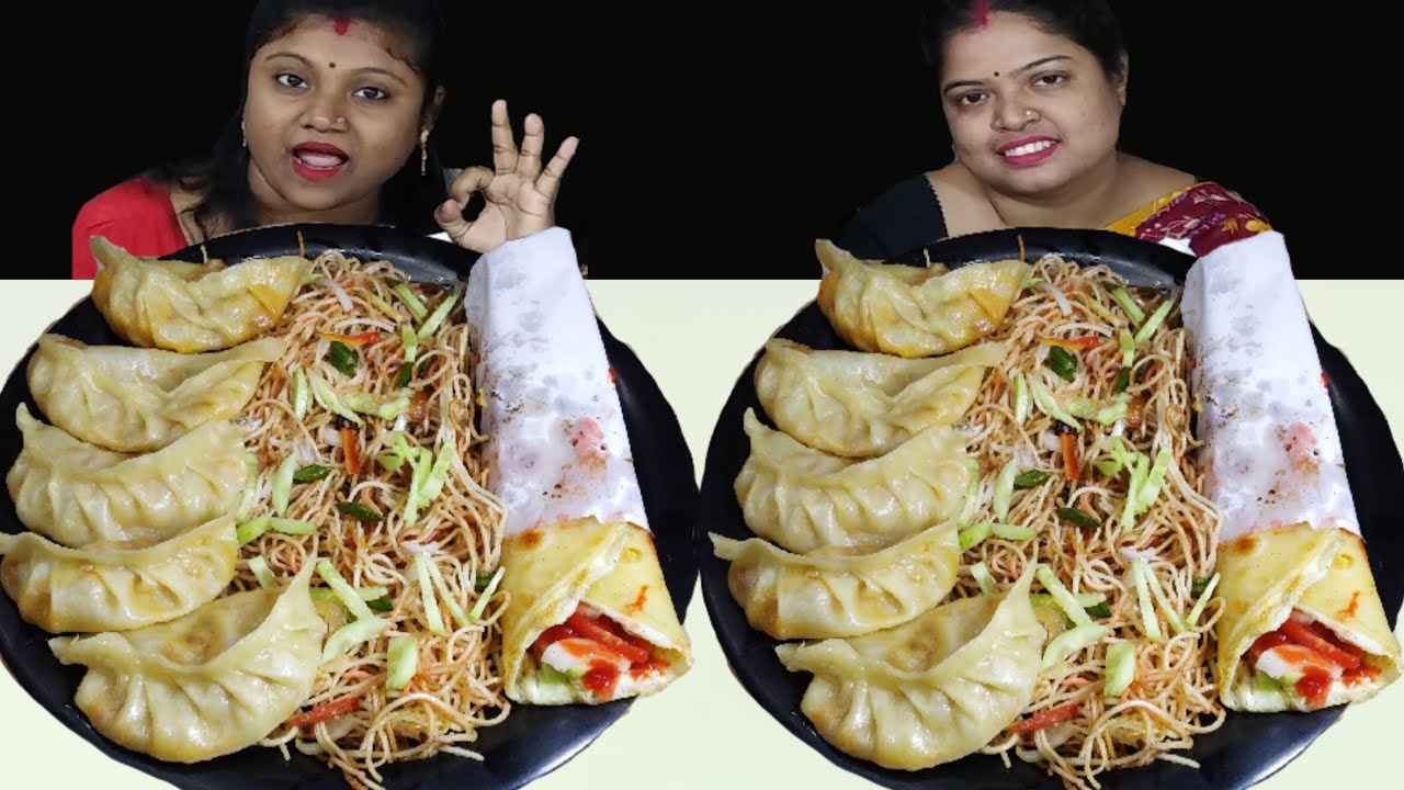 CHOWMEIN EGG ROLL CHICKEN MOMO EATING CHALLENGE || BENGALI FOOD ...
