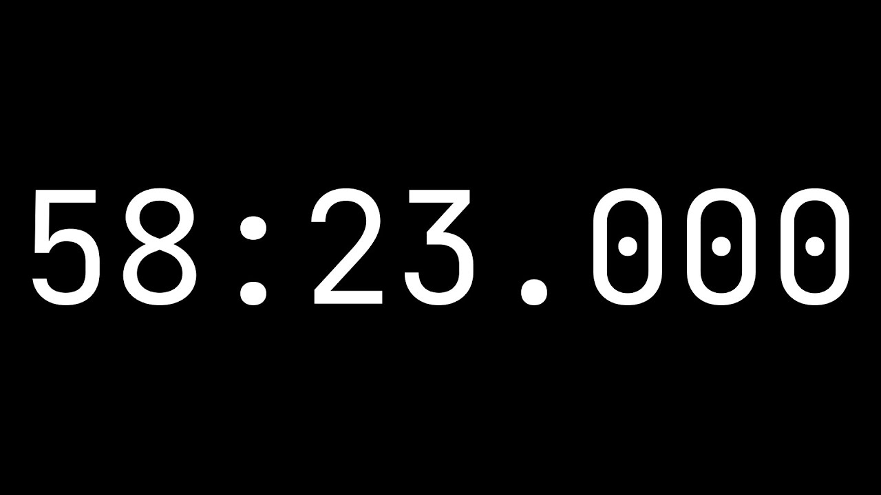 Countdown timer 58 minutes, 23 seconds [58:23.000] - White on black ...