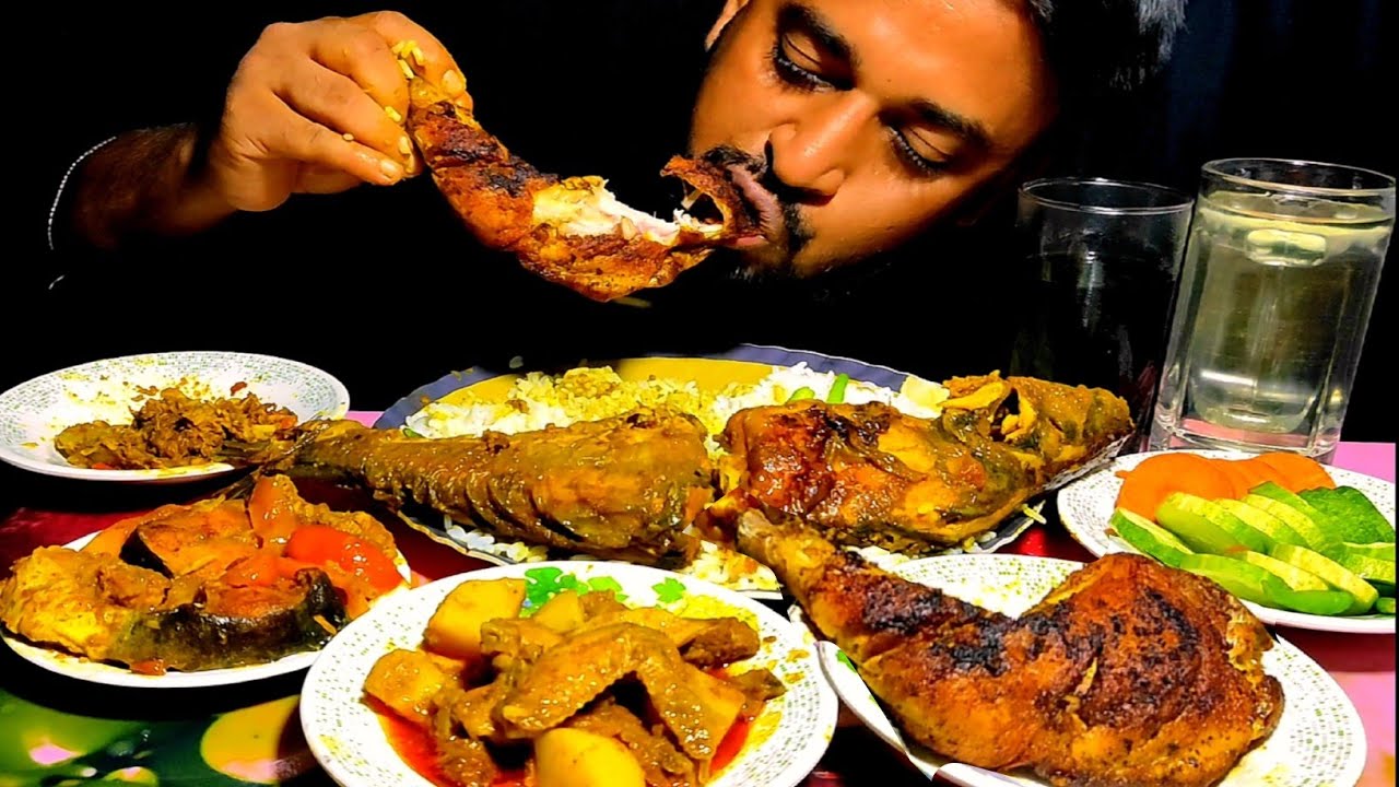EATING SPICY WHOLE FISH CURRY, CHICKEN LEG FRY, FISH CURRY, CHICKEN ...