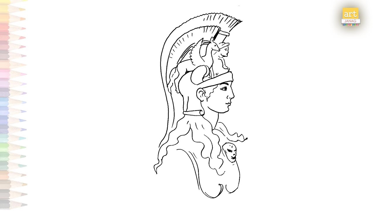 ATHENA wearing three crested helmet drawing easy | Outline sketching ...