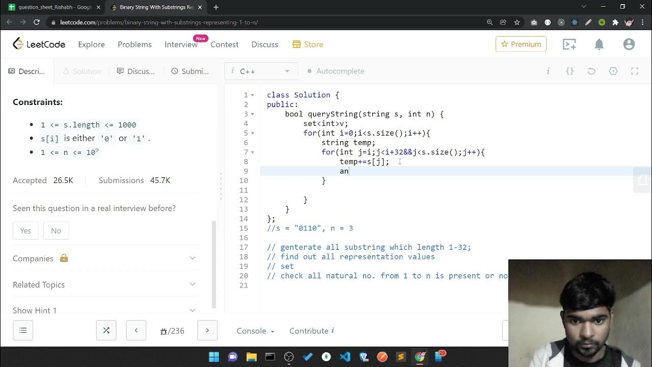 Binary String With Substrings Representing 1 To N Leetcode Solution Medium Problem Youtube