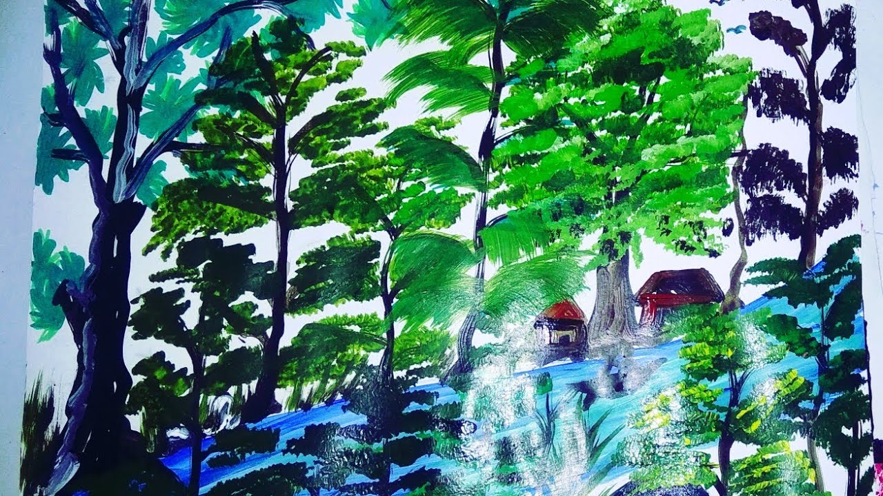 Riverside village || landscape painting || scenery|| acrylic painting ...