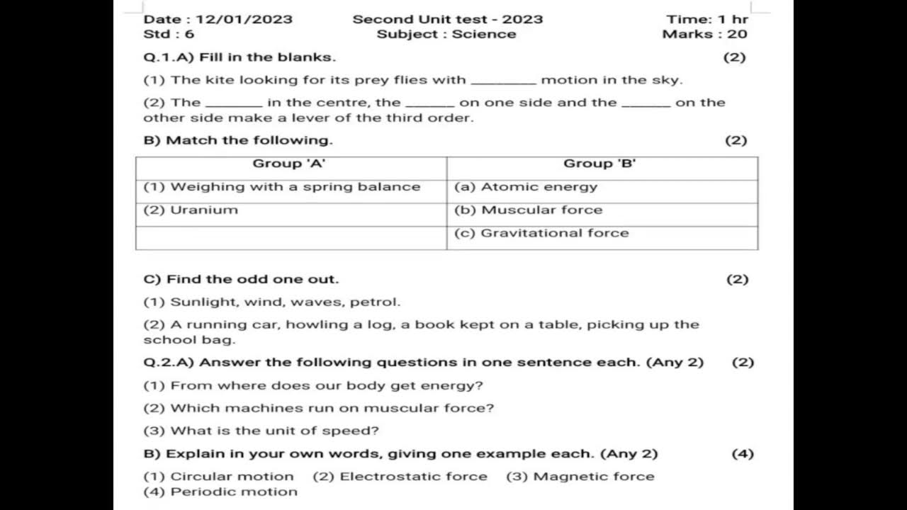 Class 6 Science Question paper | Second Unit Test - 2023 | # ...