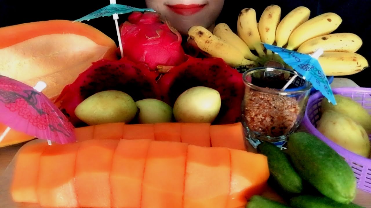 ASMR EATING DRAGON FRUIT TALING PING JUJUBE BANANA PAPAYA MUKBANG ...