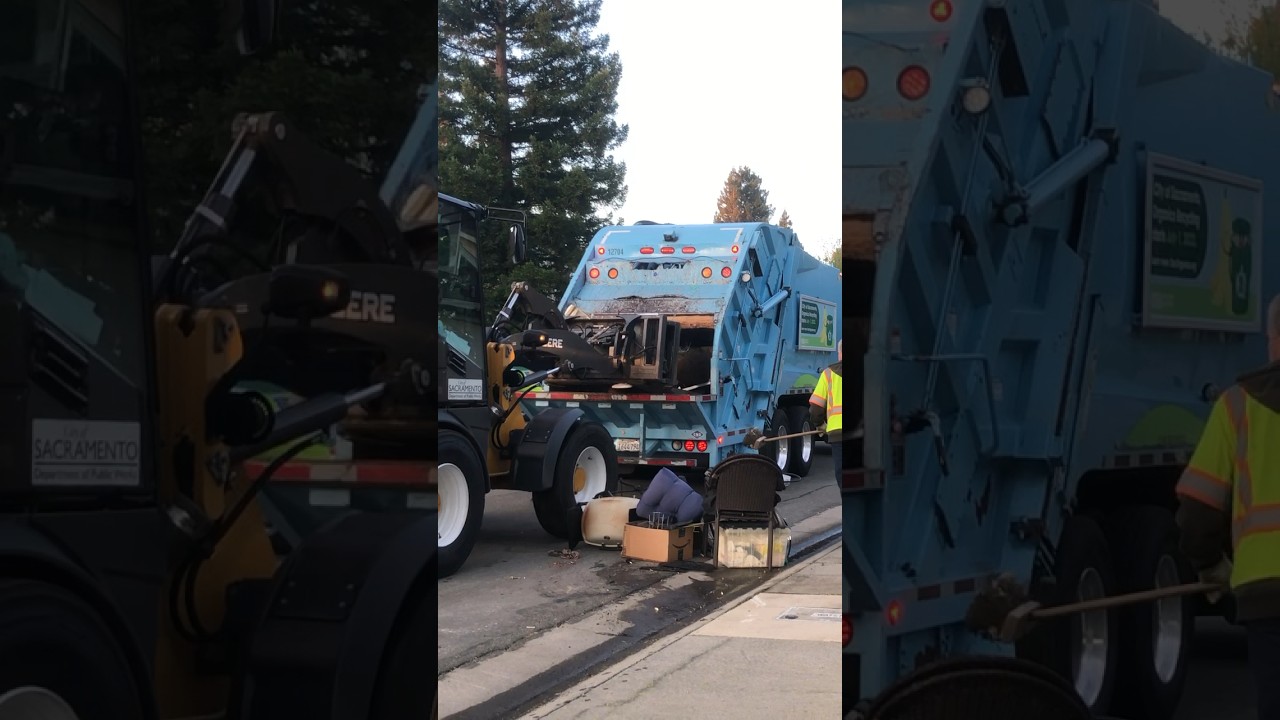 John Deere tractor collecting bulky waste with the rear loader # ...