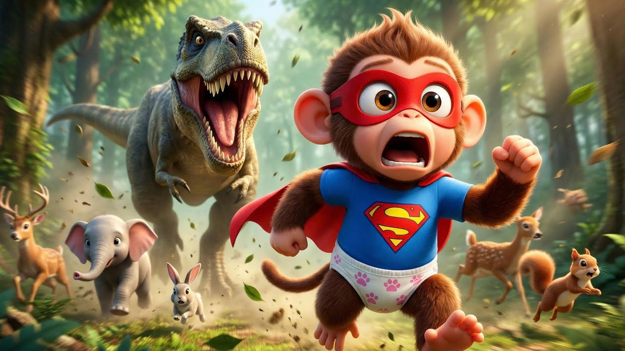 Baby Monkey BonBon Becomes a Superhero and Fights a Giant T-Rex - YouTube