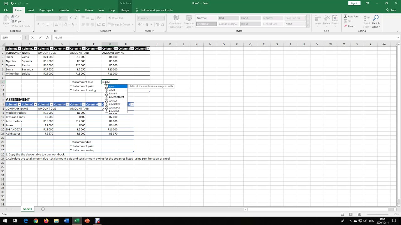 Grade 10 excel sum function - YouTube