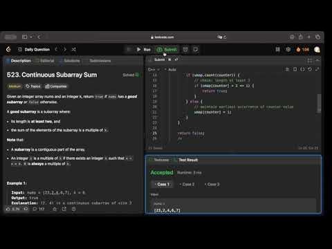 Leetcode 523 - Continuous Subarray Sum [8/6/24] - YouTube
