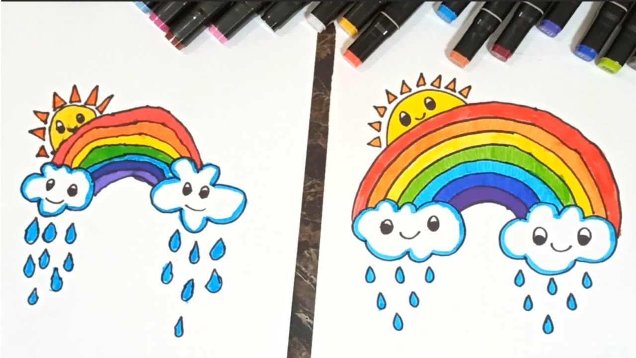 How To Draw A Rainbow 🌈 Step By Step Rainbow , Clouds And Sun Drawing ...