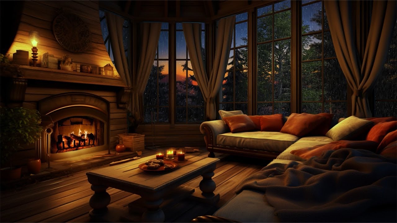 Cozy Loft Ambience with Heavy Rain Sounds and Crackling Fireplace - YouTube