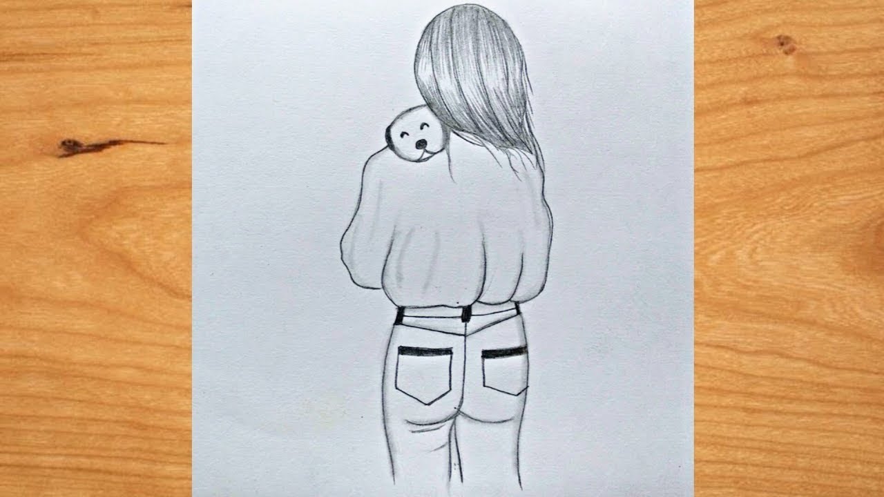 How to draw a cute girl hugging her dog / Pencil sketch drawing for ...