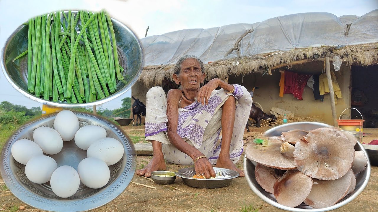 Tribe old poor grandma cooking EGG CURRY with mushroom & Bean recipe ...