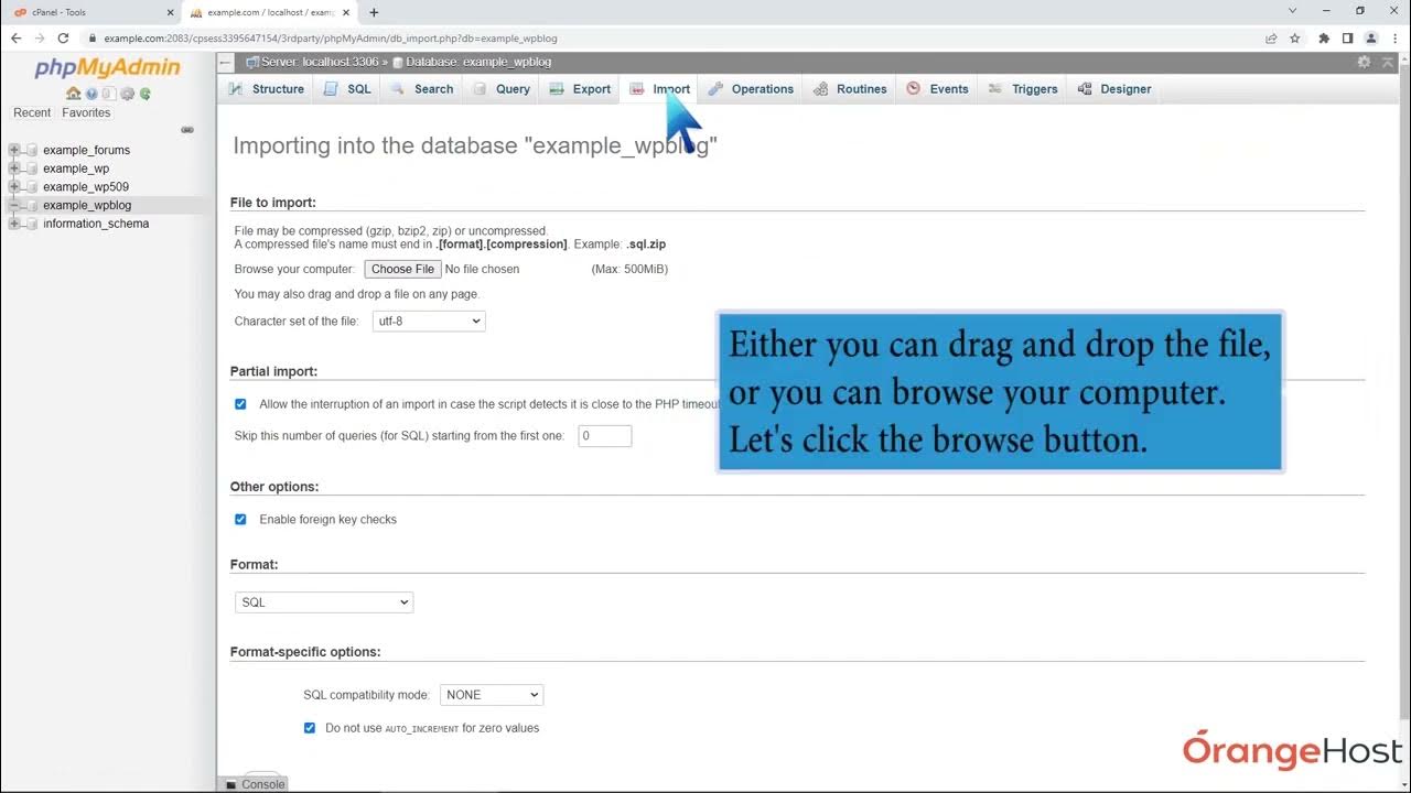 How To Import Database Via Phpmyadmin In Cpanel With Orangehost Youtube