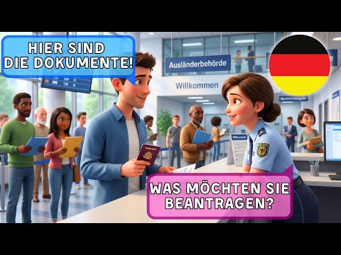 Diyaloglar aracılığıyla Almanca öğrenin! Göçmenlik merkezinde: oturma izni, pasaport, iltica başvuru