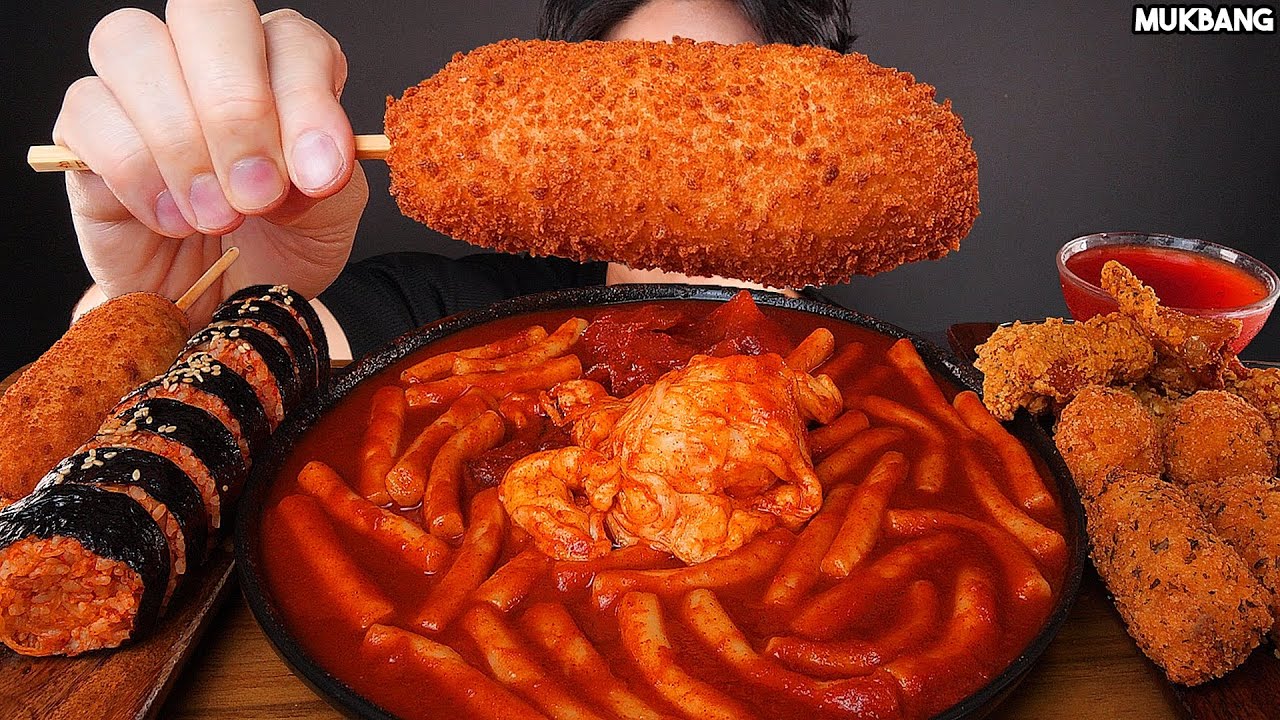 ASMR MUKBANG | SPICY CHEESE TTEOKBOKKI CORN DOG KIMBAP FRIED SAUSAGE ...