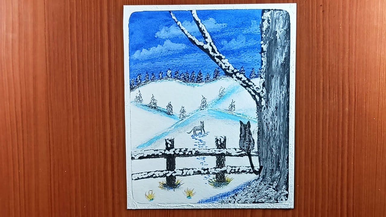 Easy Landscape Winter Season Drawing // Oil Pastel Drawing //step by ...