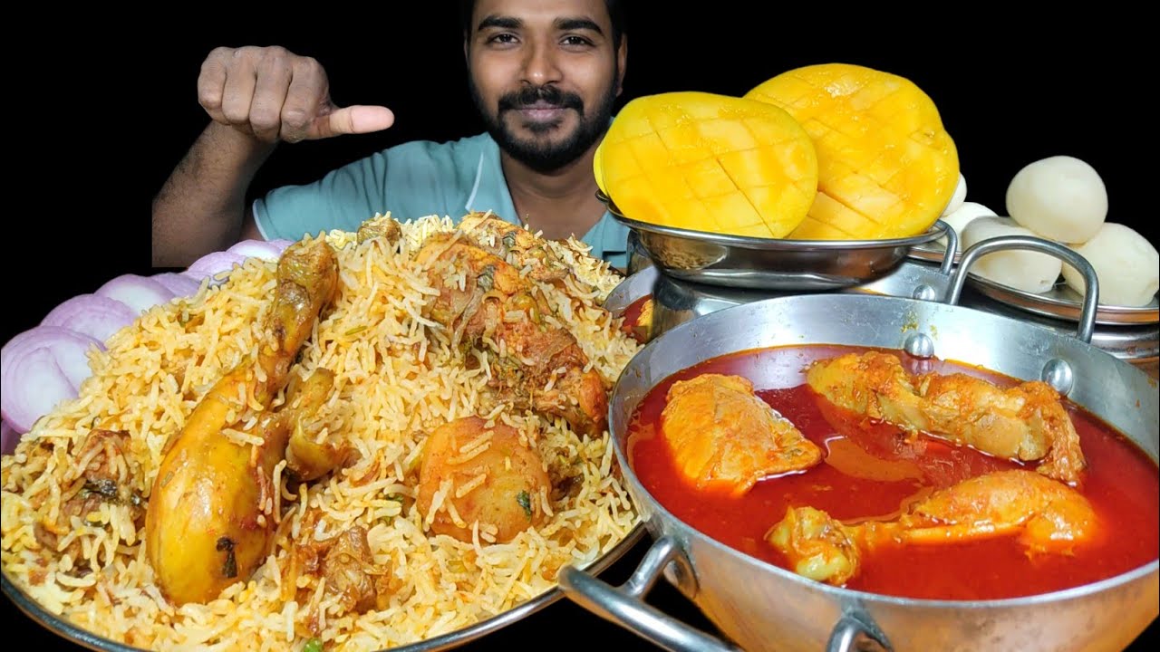 Eating Spicy Lal Lal Murgir Jhol with Chicken Biryani, Mango & Rasgulla ...