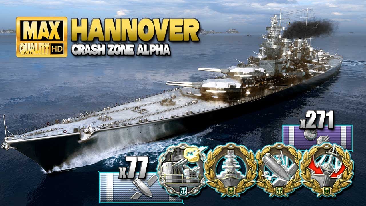 Battleship Hannover on map "Crash Zone Alpha" - World of Warships - YouTube