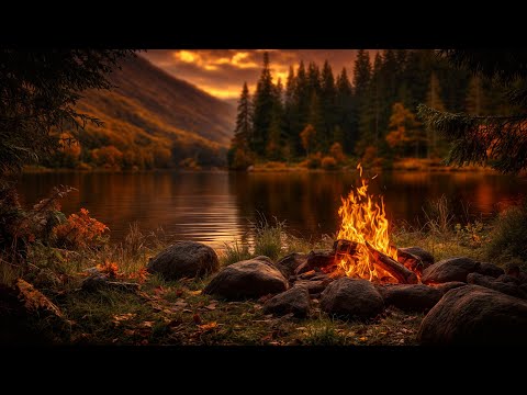 Cozy Fall Vibes with Lakeside Campfire  🍁 Autumn Forest Fireplace, Water & Birds Sounds 🍂