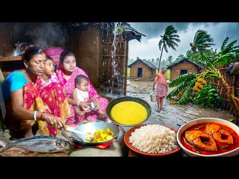 Daily Morning Routine In Heavy Rain। Cooking Traditional Village Food। Delicious Fish Curry Recipe 