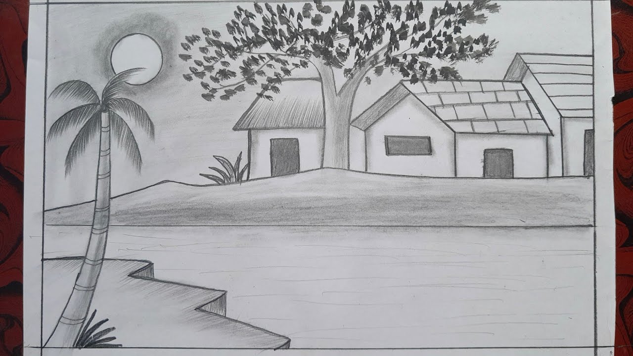 सुंदर गाँव का दृश्य | आसान पेंसिल आर्ट ट्यूटोरियल | Village Drawing ...