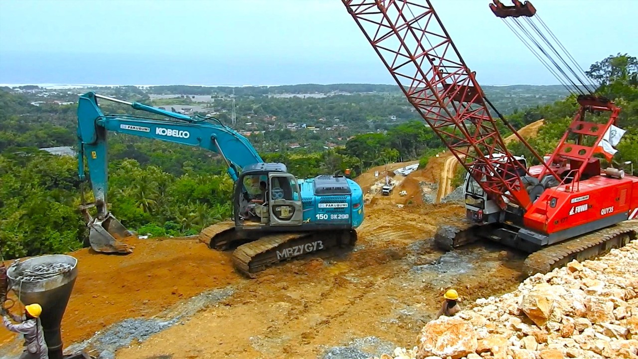 Bulldozer Excavator Drilling Rigs Excavating New Road On The Hill Slope ...