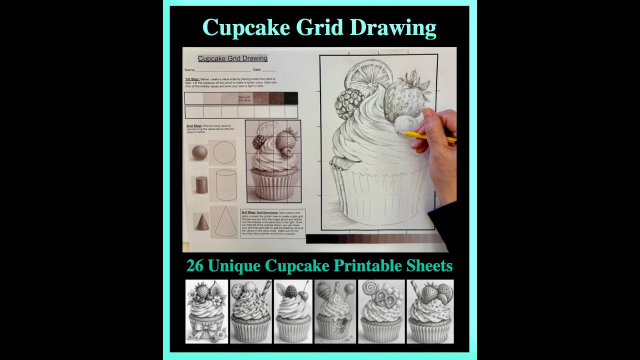 Cupcake Drawing Grid Art Lesson & Worksheets: Value, Shading, Texture ...