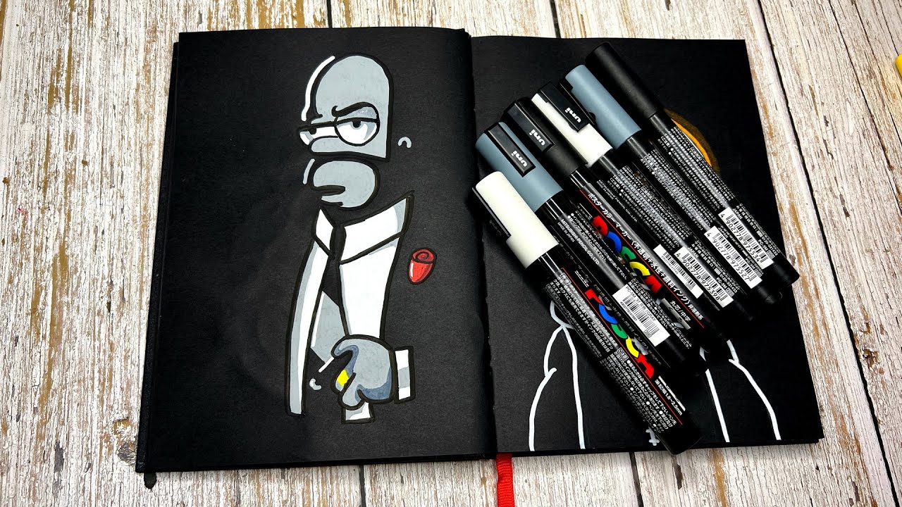 Homer Simpson black and white Drawing with Posca Markers! - YouTube