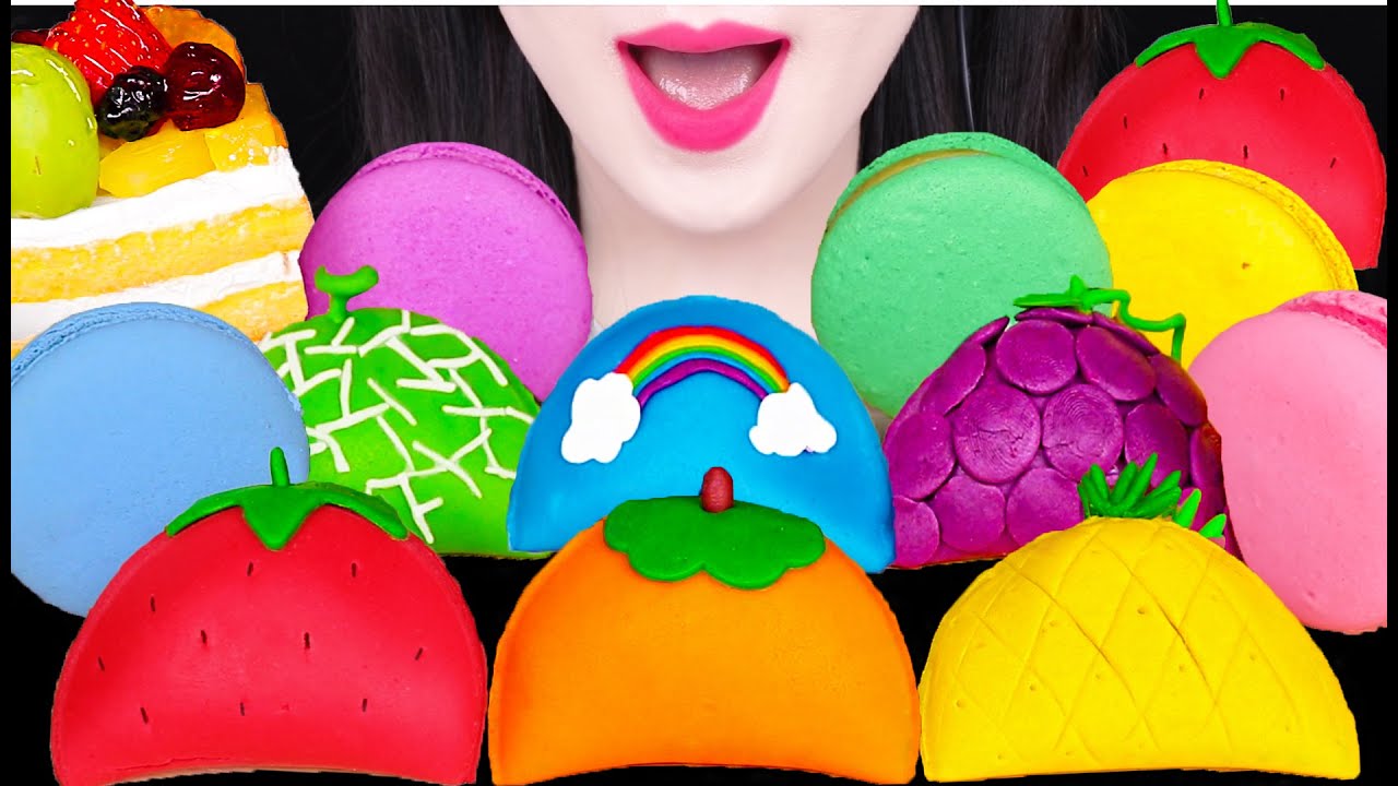 ASMR RAINBOW HALF MOON CAKE, LAYER CAKE, PASTEL MACARON 무지개 반달 떡, 과일 ...