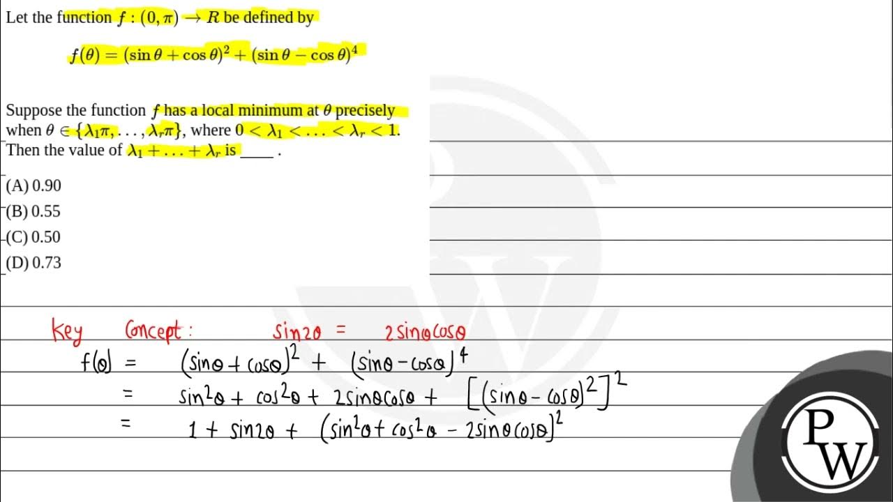 Let the function \(f:(0, \pi) \rightarrow R\) be defined by\[f(\theta)=(\sin \theta+\cos \theta ...