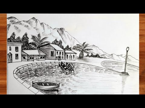 Riverside Landscape Drawing step by step | Beautiful Scenery Drawing ...