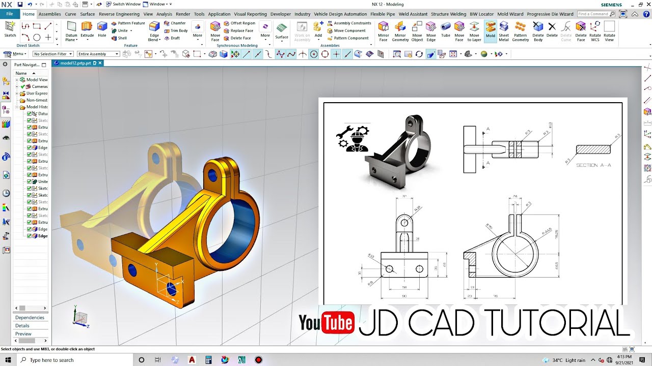 Siemens Nx12 cad tutorial 3D Modeling advanced tutorial exercise - YouTube