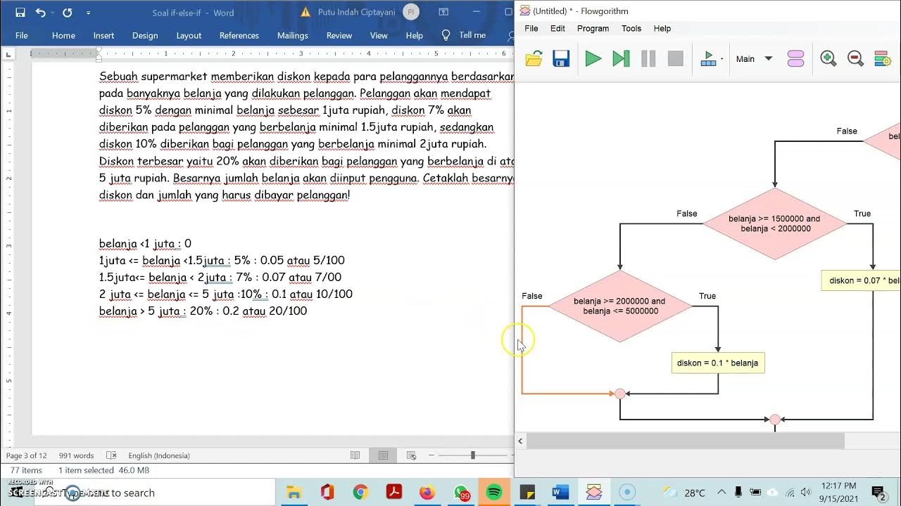 15. Algoritma Penentuan Diskon Supermarket (if-else if) Menggunakan Flowchart di Flowgorithm ...