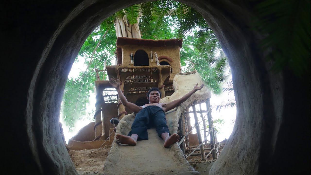 Amazing Building Skill ! Build King Mud House And Water Slide To Black ...