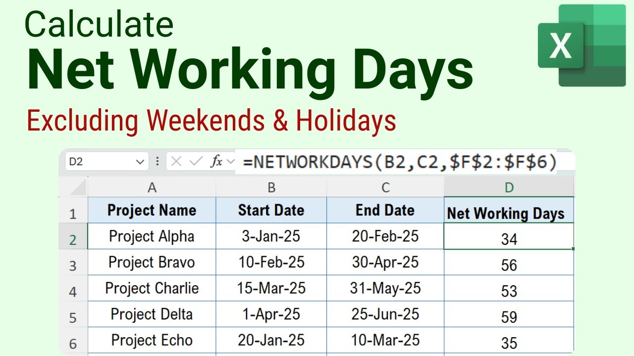 How to Calculate Net Work Days for Projects in Excel - YouTube